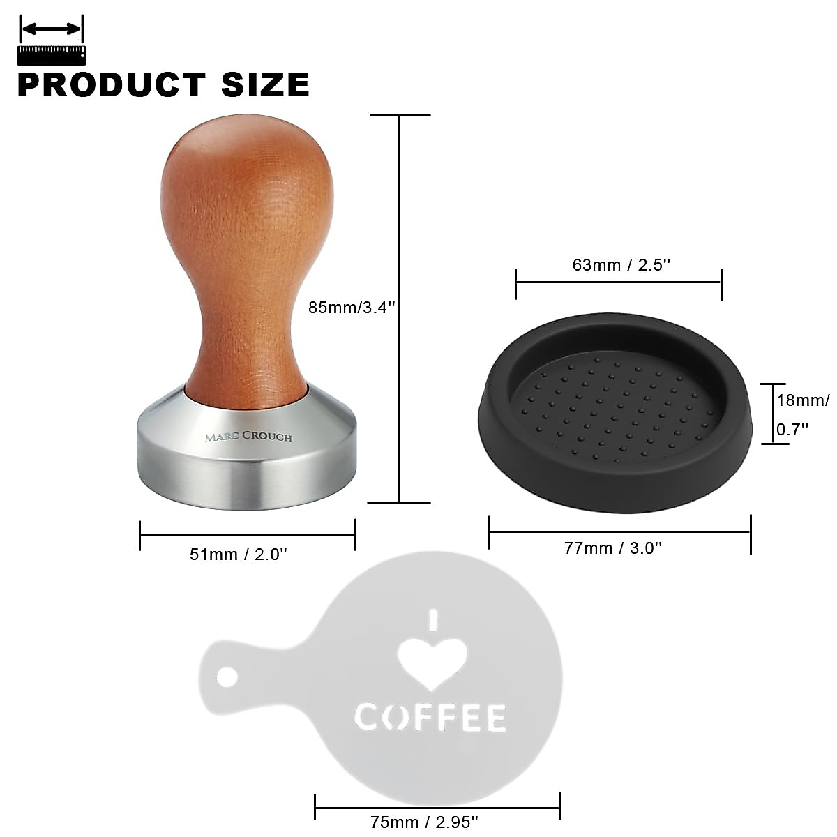 Coffee Tamper Espresso Hand Press With Stainless Steel 304 Coffee Tamper 51MM,Tamper Mat Latte Art Stencil Set