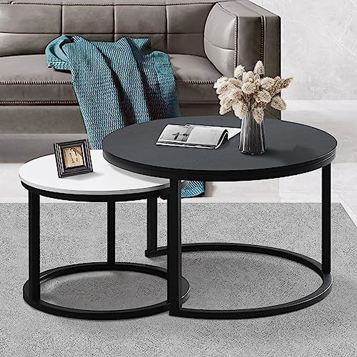 MASAKA B&W 27.5 Inch Round Wood Tables 2 Pack, Coffee Tables for Living Room Set of 2, Small Coffee Tables for Small Spaces, Center Table Modern Black with White
