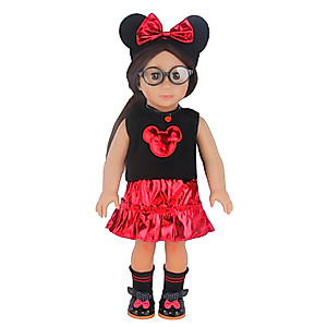 MSYO 18 Inch Doll Playset for Girl Dolls, Micky Themed Doll Accessories for American Dolls, Including Red Bow Hairband, Red Micky Skirt, Doll Necklace, Shoes Socks Glasses, Total of 7 pcs