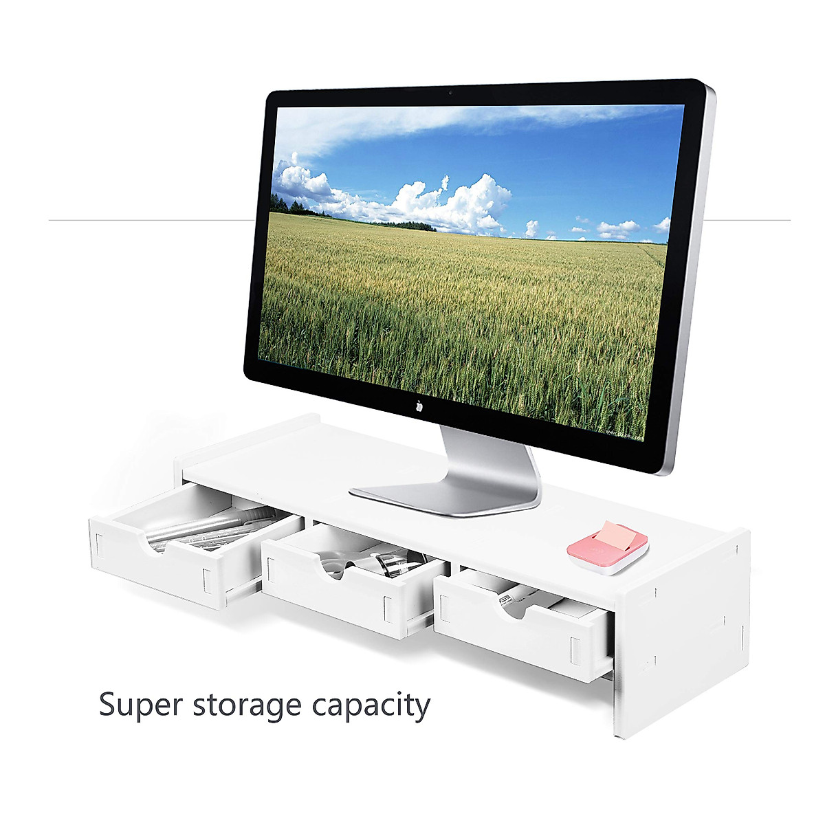 Monitor Stand Riser, Computer Laptop Riser Shelf with 3 Organizer Drawers (White, 19.5"L x 7.5"W x 4.7"H) (White)