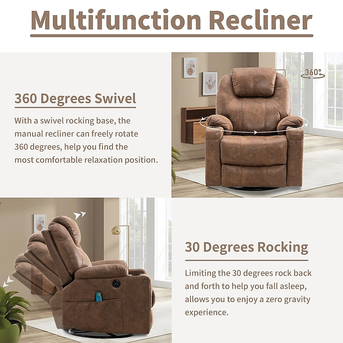 EPICOZY Manual Swivel Rocker Recliner with Heat and Vibration, 360° Swivel Glider Massage Lounge Chair, Ergonomic Single Sofa Recliner with 2 Cup Holders Side Pockets & USB Port, Brown