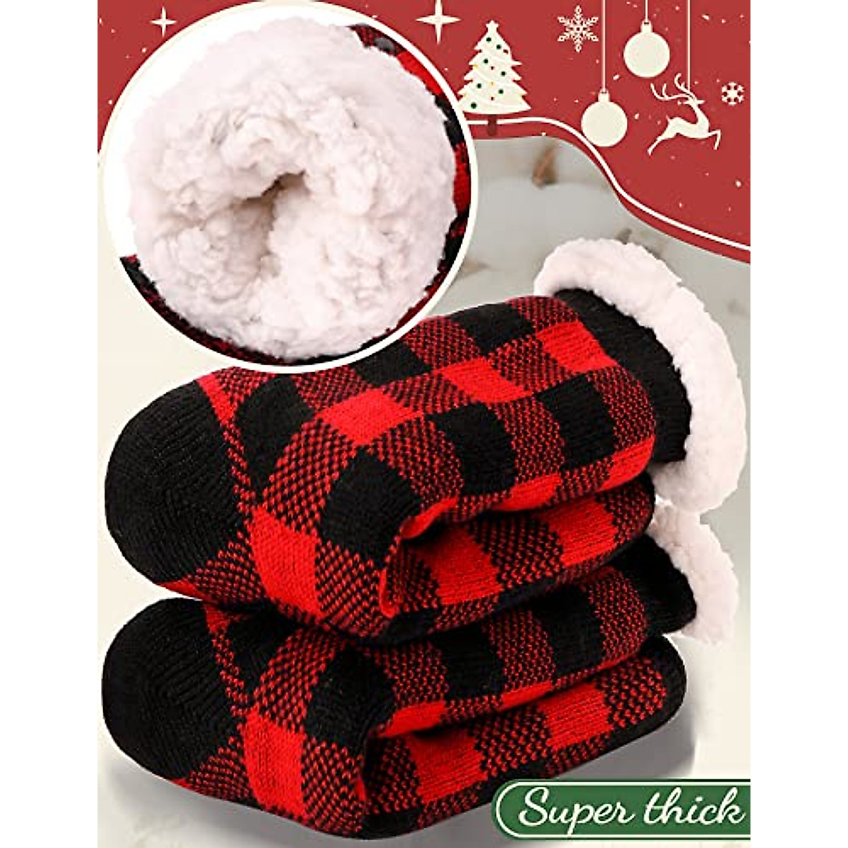 Fuzzy Socks for Women Slipper Fluffy Buffalo Plaid Cabin Cozy Winter Thick Warm Comfy Sherpa Fleece Sleep Plush Home Grips Socks Christmas White Elephant Gift Stocking Stuffer for Wife Her Teenage-Red