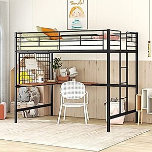 Ochangqi Metal Full Size Loft Bed with Desk and Metal Grid, Loft Bed Frame with Ladder and Full-Length Guardrail for Kids Boys Girls Teens, Noise Free (Black)