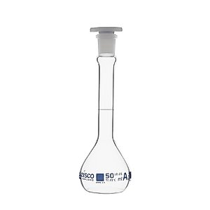 EISCO Volumetric Flask, 50ml - ASTM, Class A - Tolerance ±0.05ml - Interchangeable, Size 13 Polypropylene Stopper - Single, White Graduation - Borosilicate Glass
