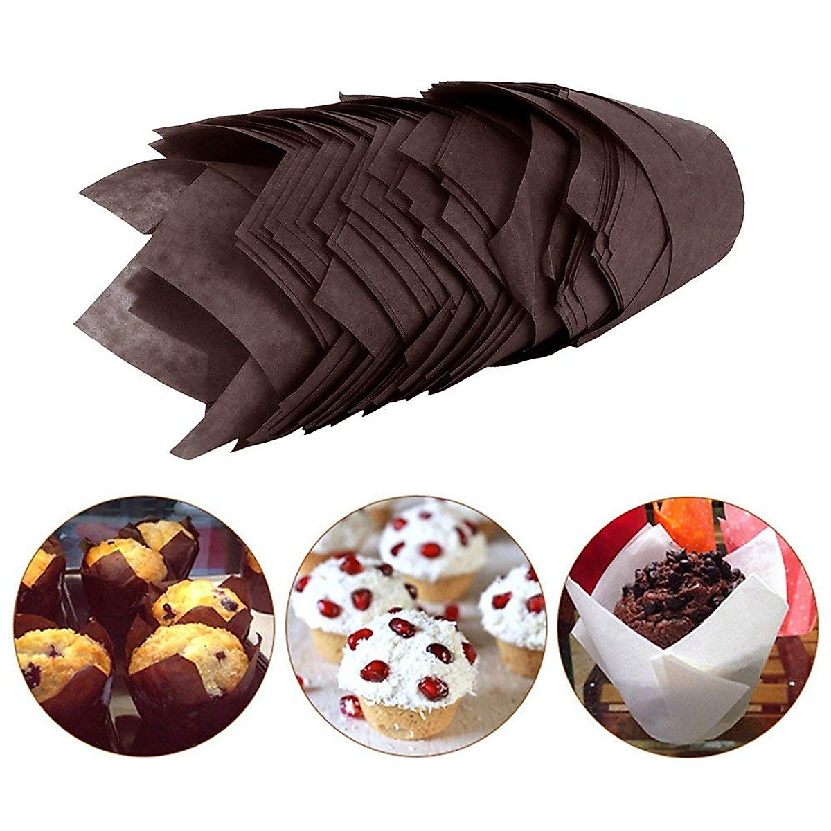 150 Pieces Tulip Baking Paper Cups, Cupcake Muffin Liners Wrappers, Baking Cups Muffin Tins Treat Cups for Weddings, Birthdays, Baby Showers,- 2.5inch (Brown, Natural and White)