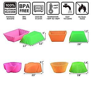 Silicone Baking Cups Cupcake Liners - 24Pcs Reusable Silicone Molds Including Round, Rectanguar, Square, Flower BPA Free Food Grade Silicone