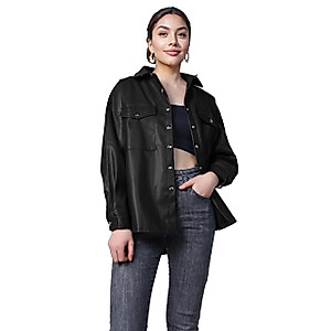 SeekMe Women's PU Leather Jacket Shacket Button Down Lapel Blazer Coat with Bust Pocket(0545-Black-L-QB)