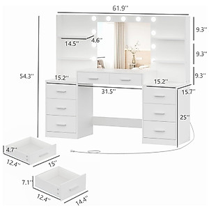 Irontar Makeup Vanity Table with Mirror & Lights, Vanity Desk with Power Strip, Large Drawer & Six Open Storage Dresser, 3 Lighting Modes Adjustable Brightness, Dressing Table, White WDT006W