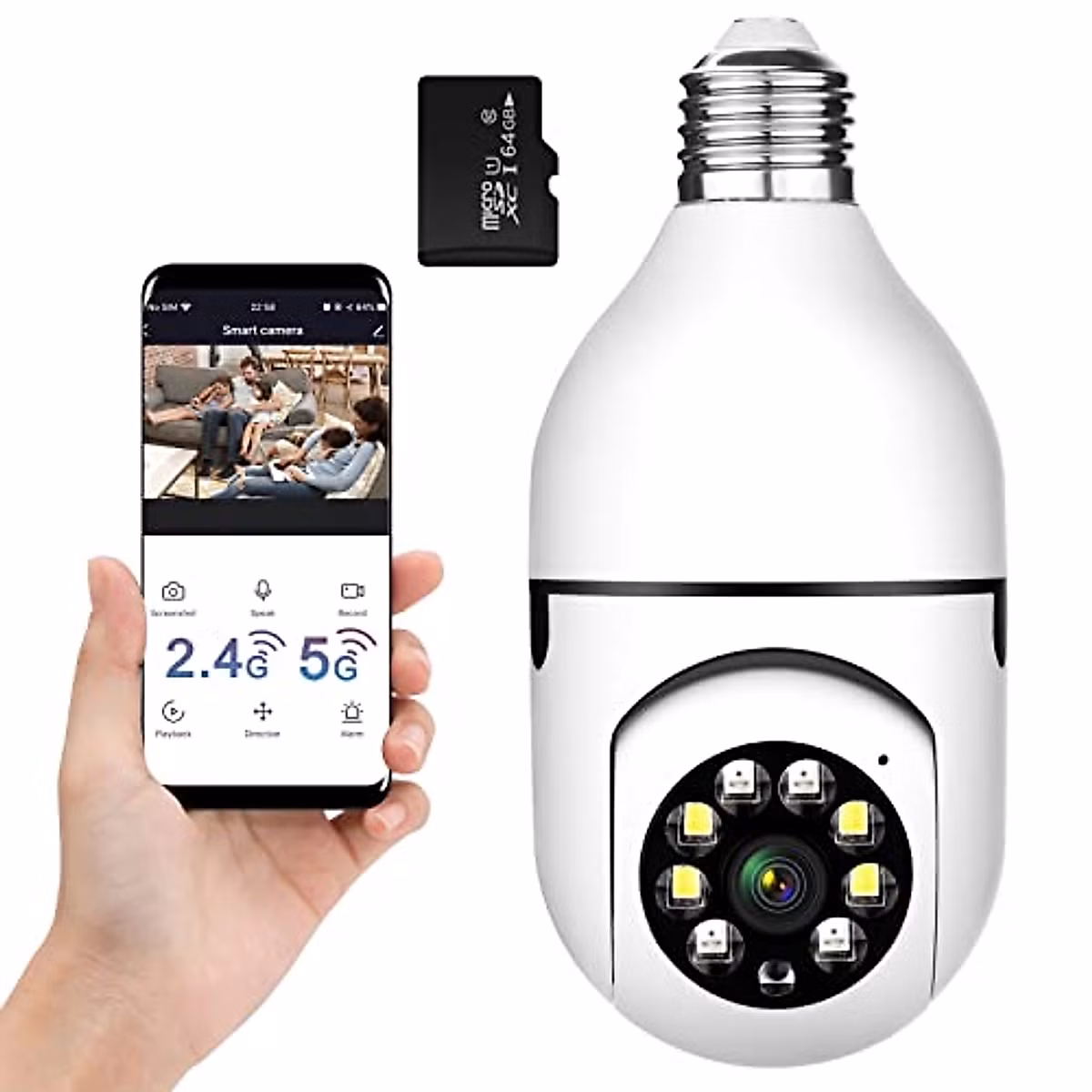 Wireless WiFi Light Socket Bulb Security Camera 360 Degree PTZ Home Camera Floodlight Night Vision Motion Detection 64GB Micro SD Card Included Support 2.4Ghz and 5Ghz