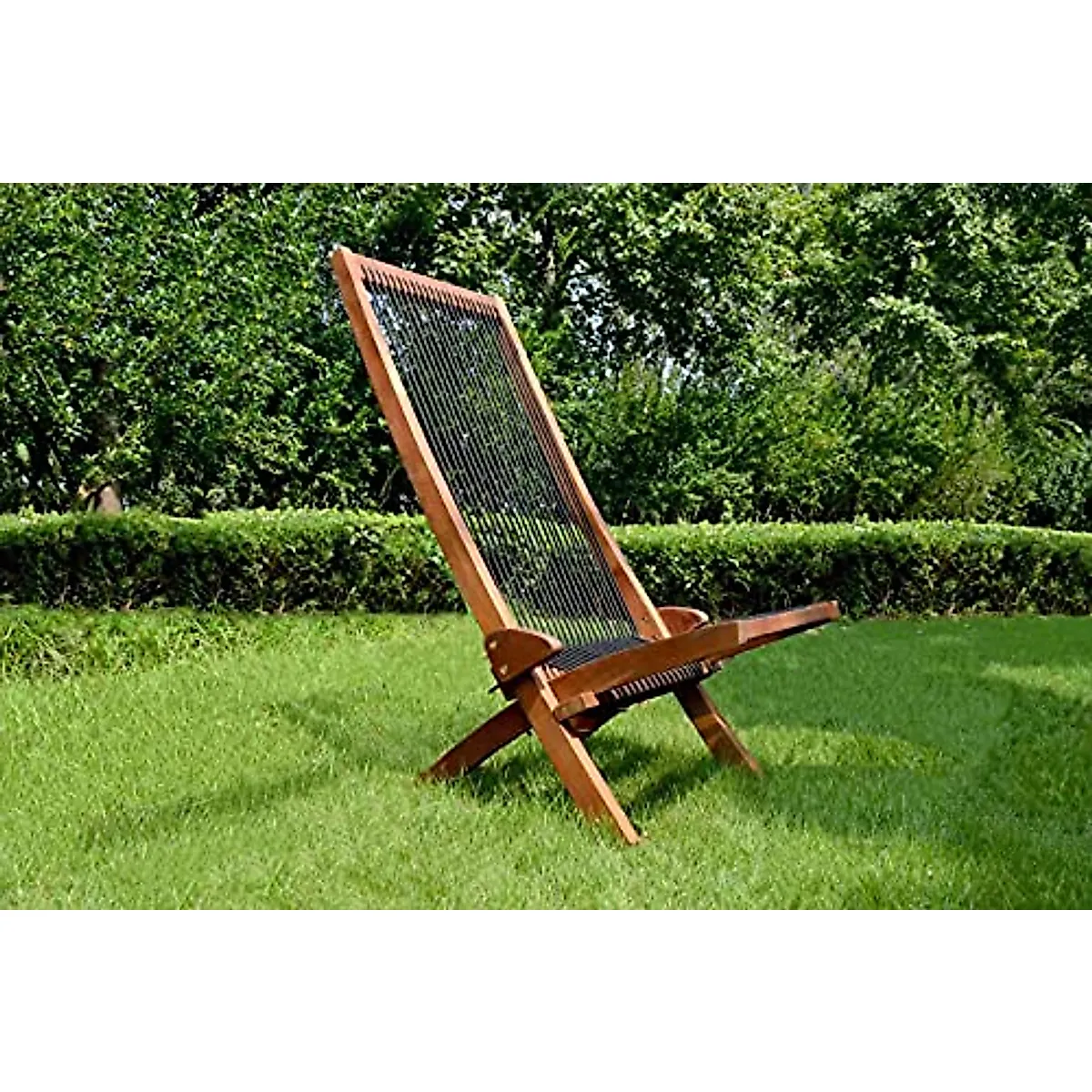 Folding Rope Wooden Chair - Foldable Outdoor Low Profile Wood Lounge Chair for The Patio, Backyard, and Deck, No Assembly Required