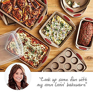 Rachael Ray Cucina Nonstick Bakeware Set Baking Cookie Sheets Cake Muffin Bread Pan, 10 Piece, Latte Brown with Cranberry Red Grips