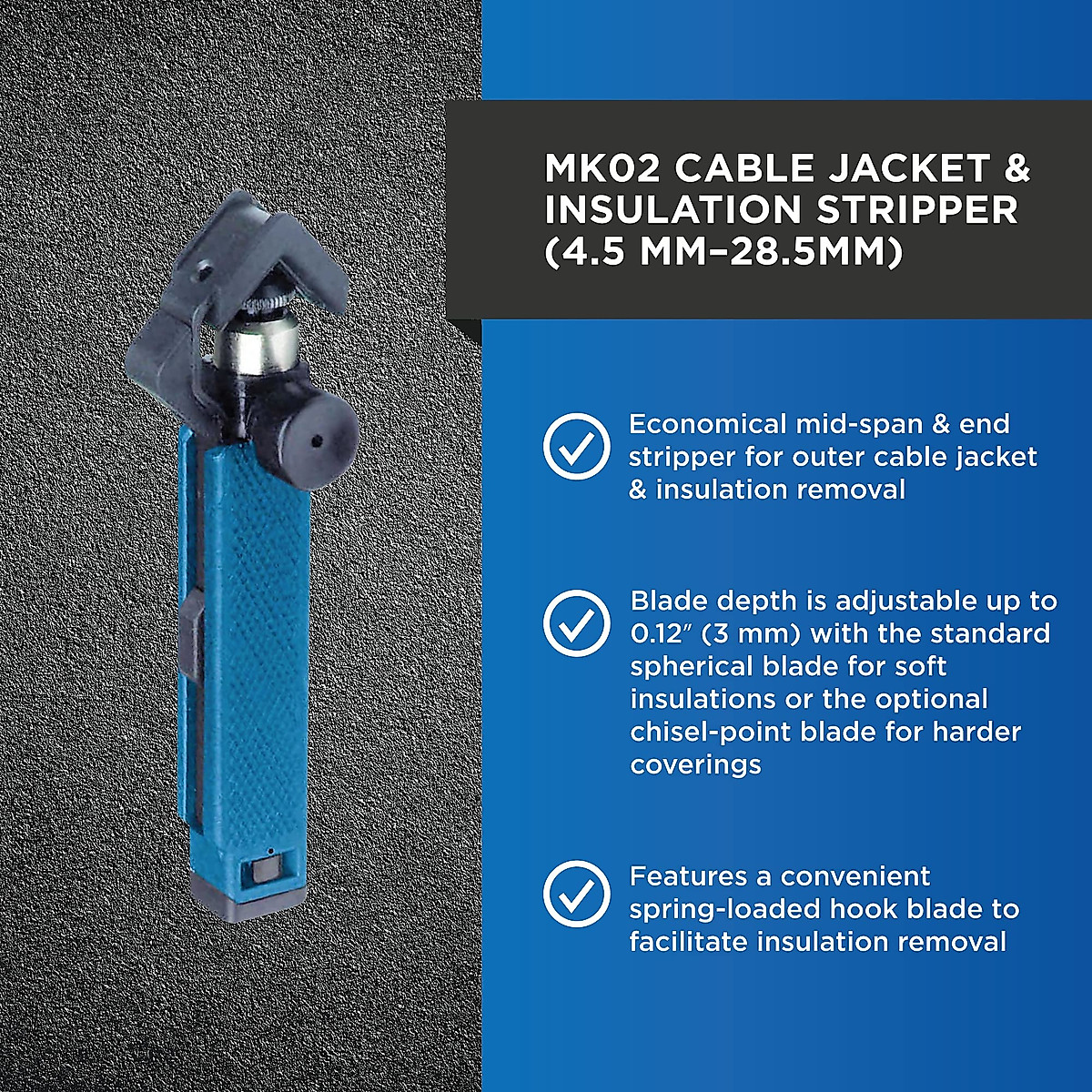 Miller MK02 Cable Jacket and Insulation Stripper for Professional Technicians, Electricians, and Installers, 4.2 Ounces