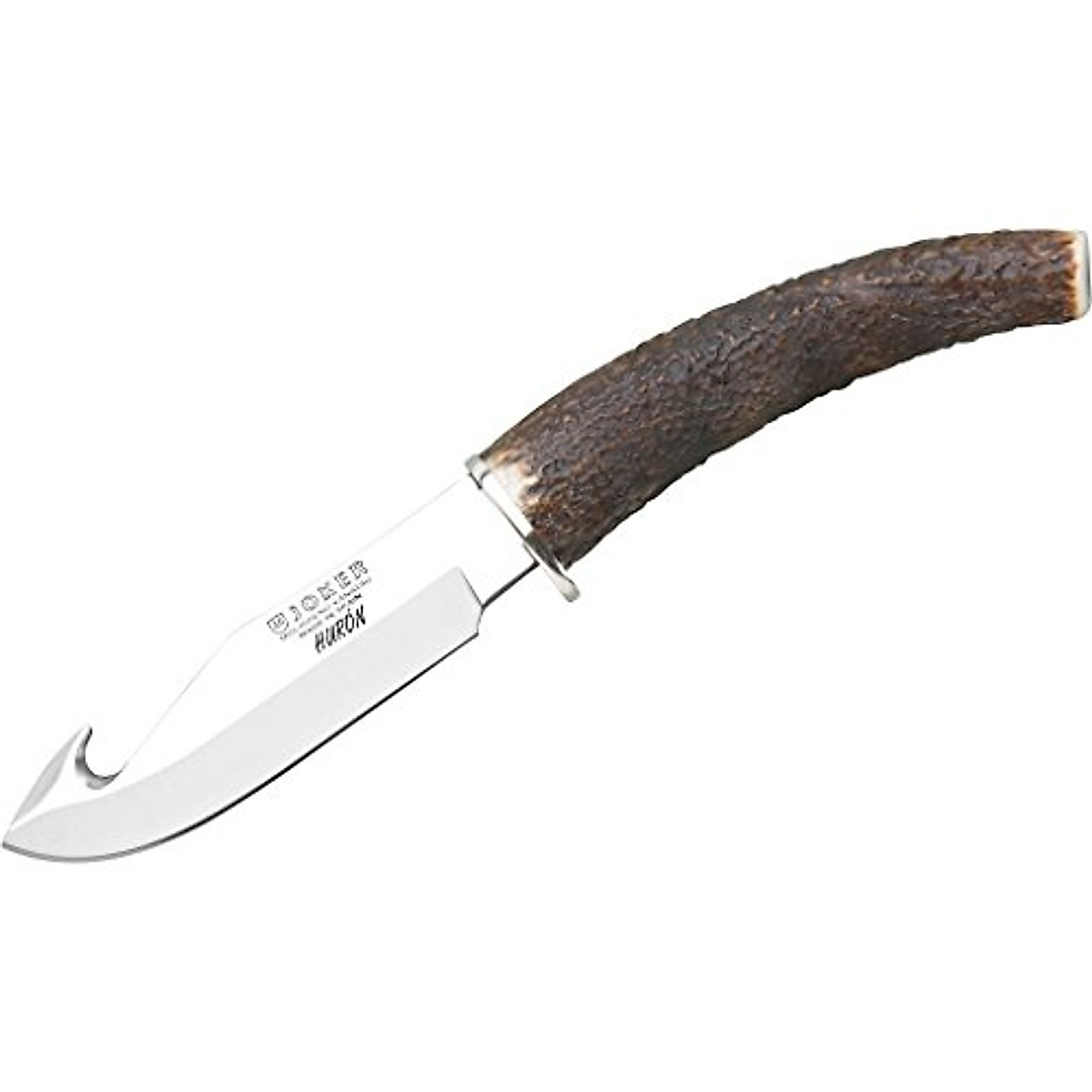 Joker "Huron Skinning Knife CC74, 4.3 inch MOVA Blade, Deer Pole Handle, Stainless Steel Cross, with Brown Leather Sheath, Fishing Tool, Hunting, Camping and Hiking.