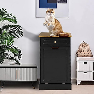 Scurrty 20.5'' Wooden Tilt Out Trash Can Cabinet for Kitchen Island,Tilt Out Bin for Trash Disposal Recycling, Handmade Solid Wood Hideaway Trash Holder for Laundry Hamper with Drawer (Black, Single)