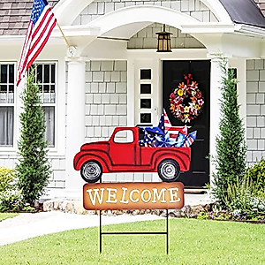 Whaline 4th of July Metal Yard Stakes Patriotic Yard Sign Spring Welcome Garden Stake Interchangeable Red Truck Garden Decor Set with Seasonal Sign Loads for Spring Fall Halloween Christmas, Set of 9