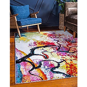 Unique Loom Lyon Collection Colorful Modern Abstract Watercolor Tree Area Rug, 3 ft 3 in x 5 ft 3 in, Ivory/Pink