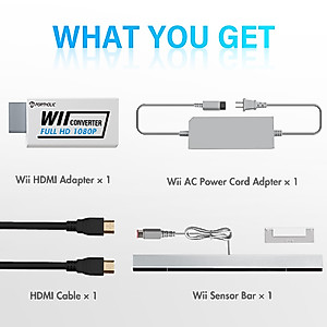 4 in 1 Wii Replacement Cables Set, Wii AC Power Adapter + Wii to hdmi Converter+ Wired Motion Sensor Bar and Composite Audio Video Cable for Nintendo Wii