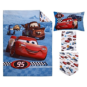 Disney Cars Radiator Springs White, Blue, and Red Lightning McQueen and Tow-Mater 4 Piece Toddler Bed Set - Comforter, Fitted Bottom Sheet, Flat Top Sheet and Reversible Pillowcase