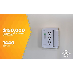 Woods 41423 Space-Saving Power Adapter Surge Protector with 6 Outlets in Which 90° for 1440J of Protection, White