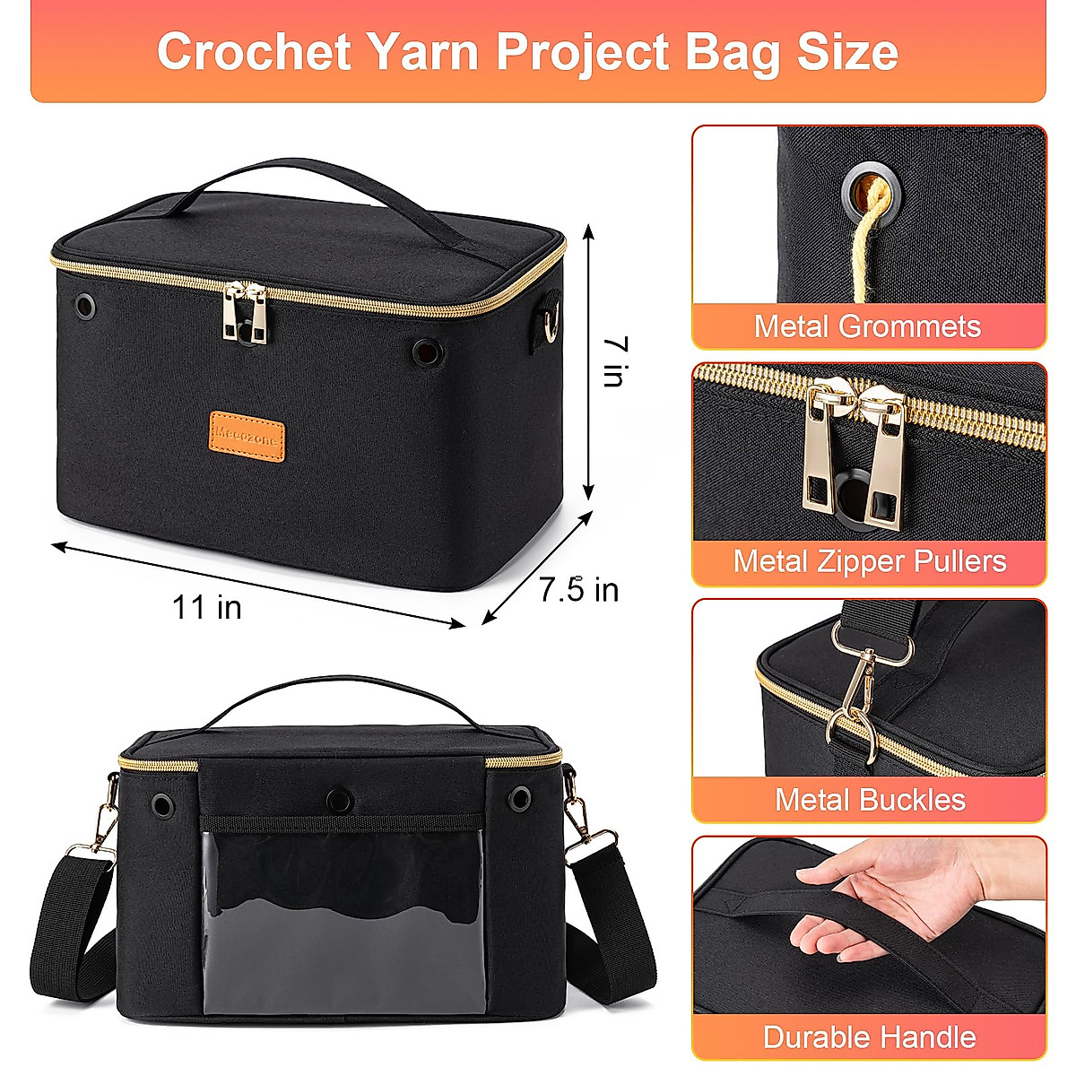 Mecozone Crochet Bag Organizer, Yarn Travel Bag for Crochet Accessories, Crochet Yarn Project Bag for Womens Girls, Gifts for Crochet Lovers-Black
