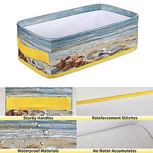 Tablerazzi Ocean Beach Shell Toilet Tank Topper Paper Basket with Handle, Beach Theme Storage Basket for Organizing, Small Fabric Storage Bins for Bathroom Decor