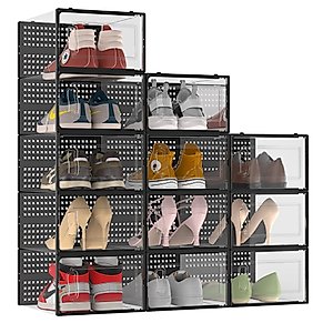 Fkprorjv XX Large Shoe Storage Box Organizer for Closet, 12 Pack Space Saving Versatile Clear Plastic Stackable Sneaker Shoe Rack Containers Bins Holders, Portable Closet Organizers and Storage, Black