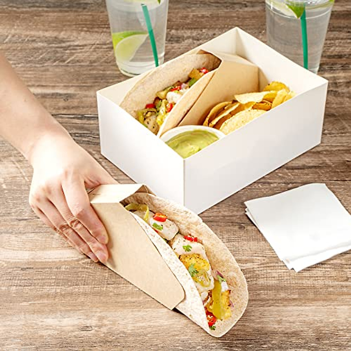 Restaurantware Bio Tek 6 .25 x 2 x 3.75 Inch Single Taco Holder 200 Greaseproof Stand Up Taco Holder - Large Self-Standing Kraft Paper Paper Taco Holder Freezable
