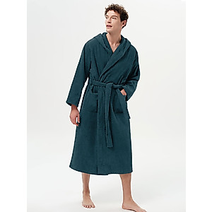SIORO Terry Cloth Robes for Men Cotton Towel Hooded Bathrobe Long Bath Big & Tall Loungewear Bathroom Swimming Pool Bath Fluffy House Coat, Ink Blue X-Large