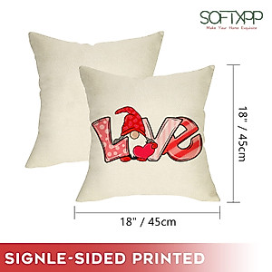 Softxpp Gnome Decorative Throw Pillow Cover, Valentine’s Day Cushion Case Pink Love Heart Sign, Anniversary Wedding Home Spring Decorations Pillowcase Decors for Sofa Couch 18 x 18 Cotton Linen