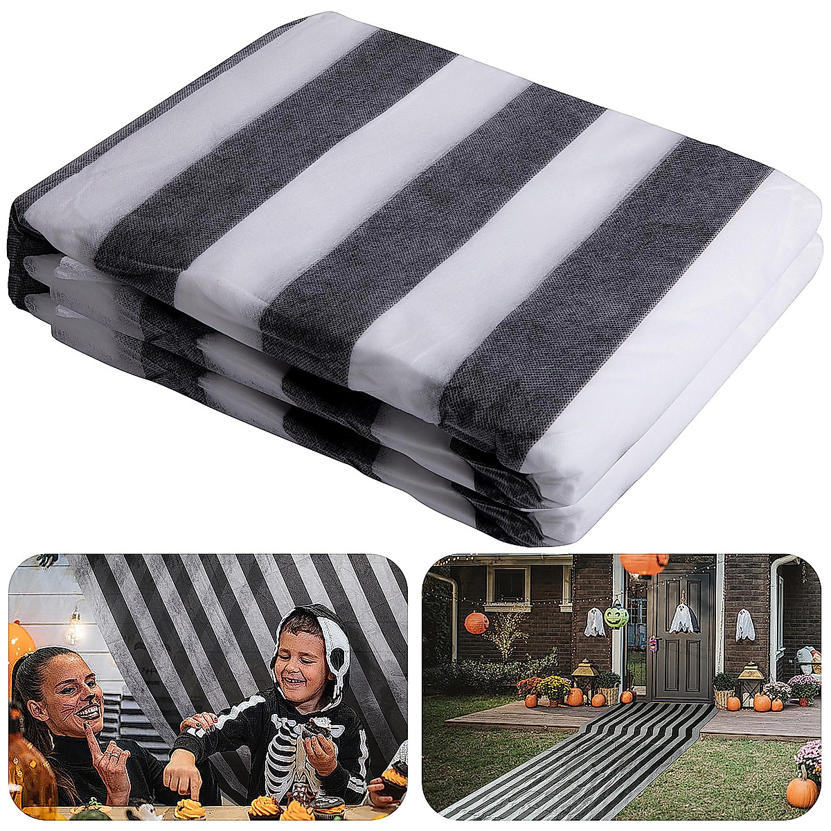 RunNico 66x3.3 ft Black and White Striped Gossamer Roll, Halloween Sheer Gossamer Striped Table Decoratoin, Halloween Decorated Black and White Fabric for Halloween,Walls,Table Skirt,Wedding and Party