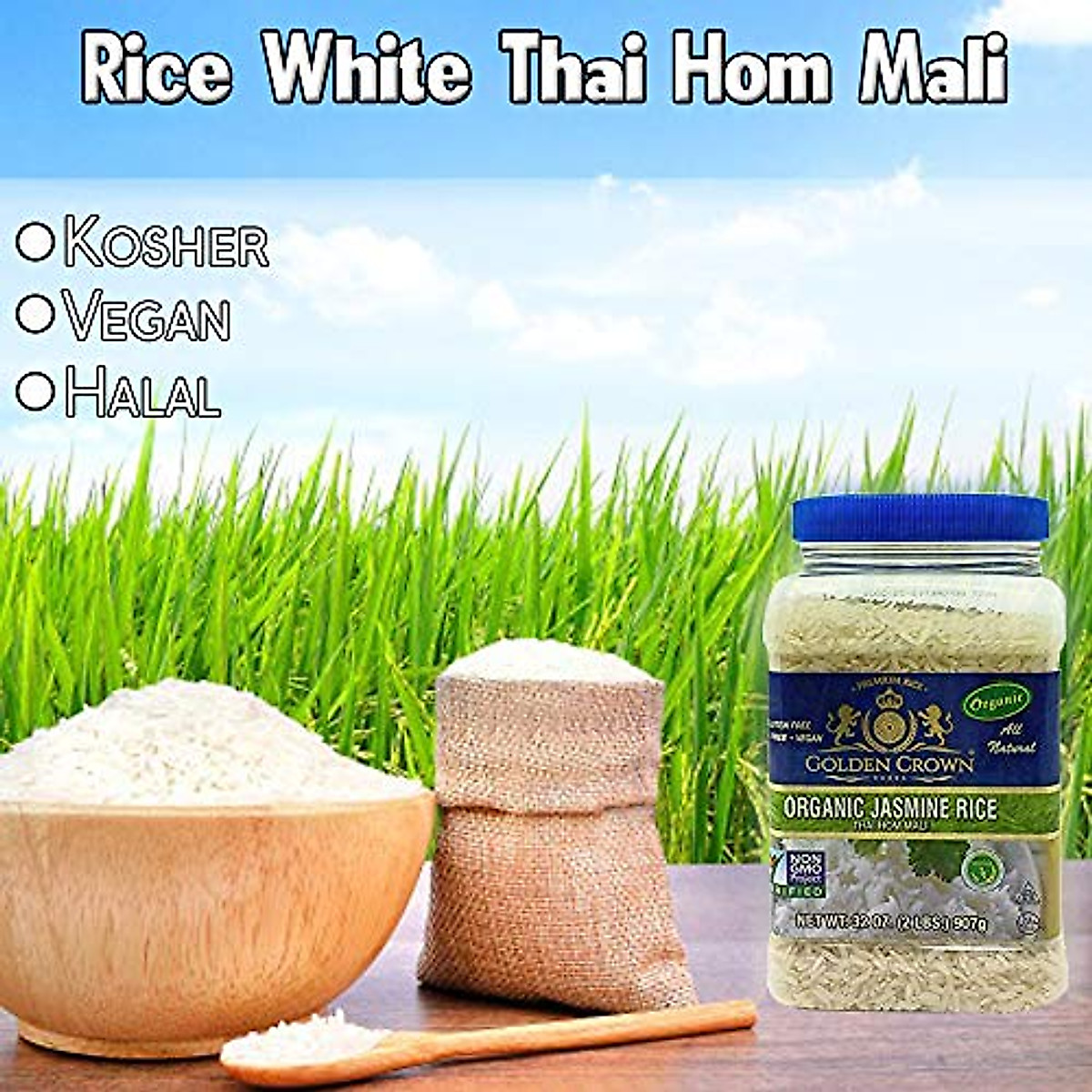 Golden Crown White Organic Jasmine Rice Premium Quality, Naturally Aged Extra Long Aromatic Tasty and Flavorful Gluten-Free Whole Grains From Thai HOM Mali, Non-GMO - 32 oz (2LB)