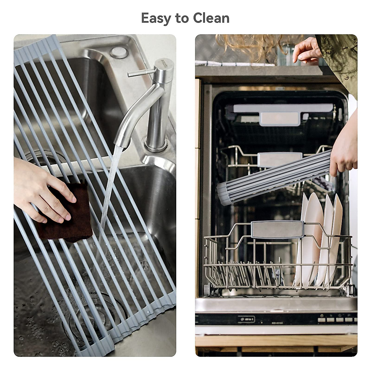 Tiilan Roll Up Dish Drying Rack Over The Sink, Dish Drainer, Heat Resistant Trivet Mat for Kitchen - Full Silicone Coating - Warm Gray, 20.5" x 13"