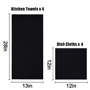 Homaxy 100% Cotton Kitchen Towels and Dishcloths Set, 12 x 12 Inches and 13 x 28 Inches, Set of 8 Bulk Kitchen Towels Set, Ultra Soft Absorbent Dish Cloths for Washing Dishes, Black