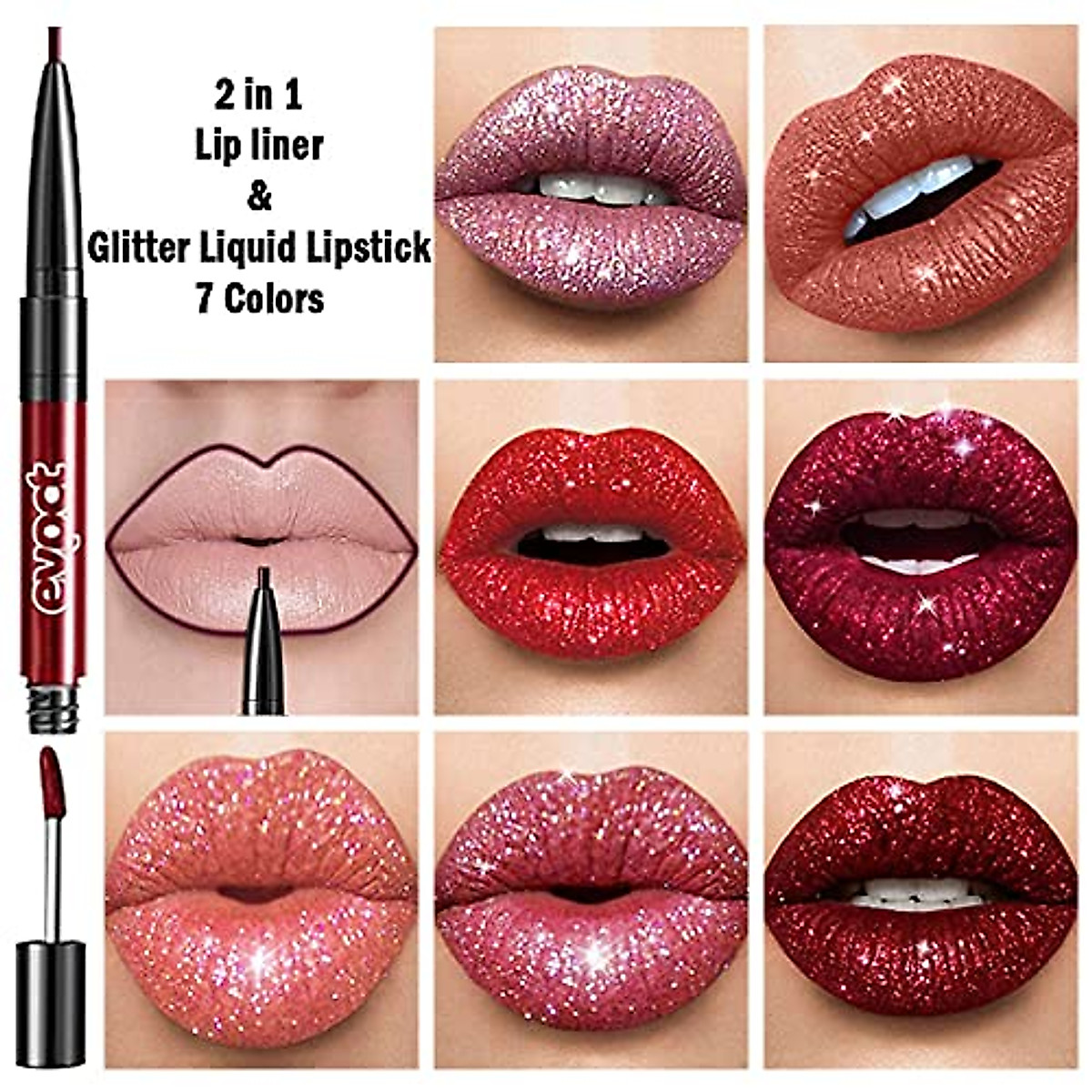 evpct 7Pcs Pink Red Glitter Matte Lip Liner and Liquid Lipstick Set Kit Long Lasting, Matte to Lip Glitter Metallic Dark Red Sparkle Sparkly Glossy Permanent Liquid Lipsticks Lip Gloss Set for Women