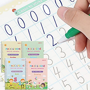 Magic Ink Practice Copybook for Children Ages 3-8, Reusable Writing Practice Book for Preschools Grooves Template Design,Handwriting Practice for Kids,Magic Practice Copybook Set(4 Books with Pens)