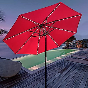 EliteShade USA 10-Year-Non-Fading Sunumbrella Solar 9ft Market Umbrella with 80 LED Lights Patio Umbrellas Outdoor Table Umbrella with Ventilation, Logo Red