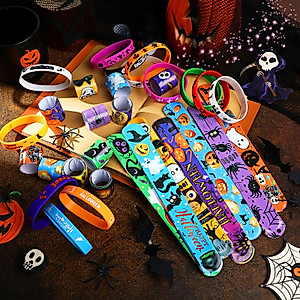 JUNEBRUSHS 50 Pack Halloween Party Favors Halloween Slap Bracelets Rubber Wristbands Assorted for Kids Halloween Slap Bands for Boys Girls Halloween Classroom Prizes Gifts Toys Treat Bag Fillers