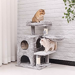 BEWISHOME Cat Tree Condo with Sisal Scratching Posts, Plush Perch, Dual Houses and Basket, Cat Tower Furniture Kitty Activity Center Kitten Play House, Light Grey MMJ06L