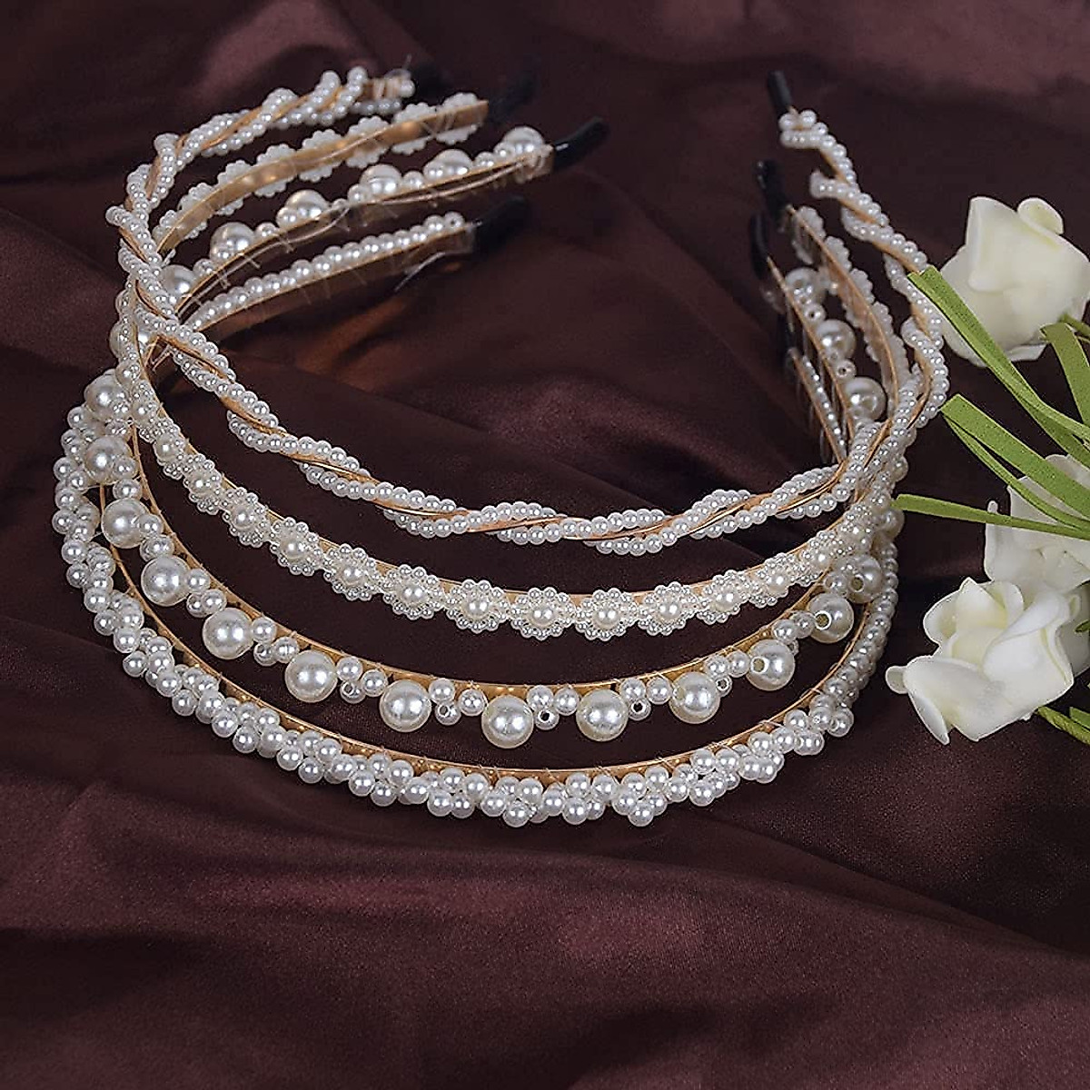 10 PCS Pearls Headband, Rhinestones, Gold Metal Headbands, White Hairbands Leaf Decor Metallic Butterfly Flower Chained Bridal Hair Hoop, Wedding Hair Accessories for Women Girls ¡­
