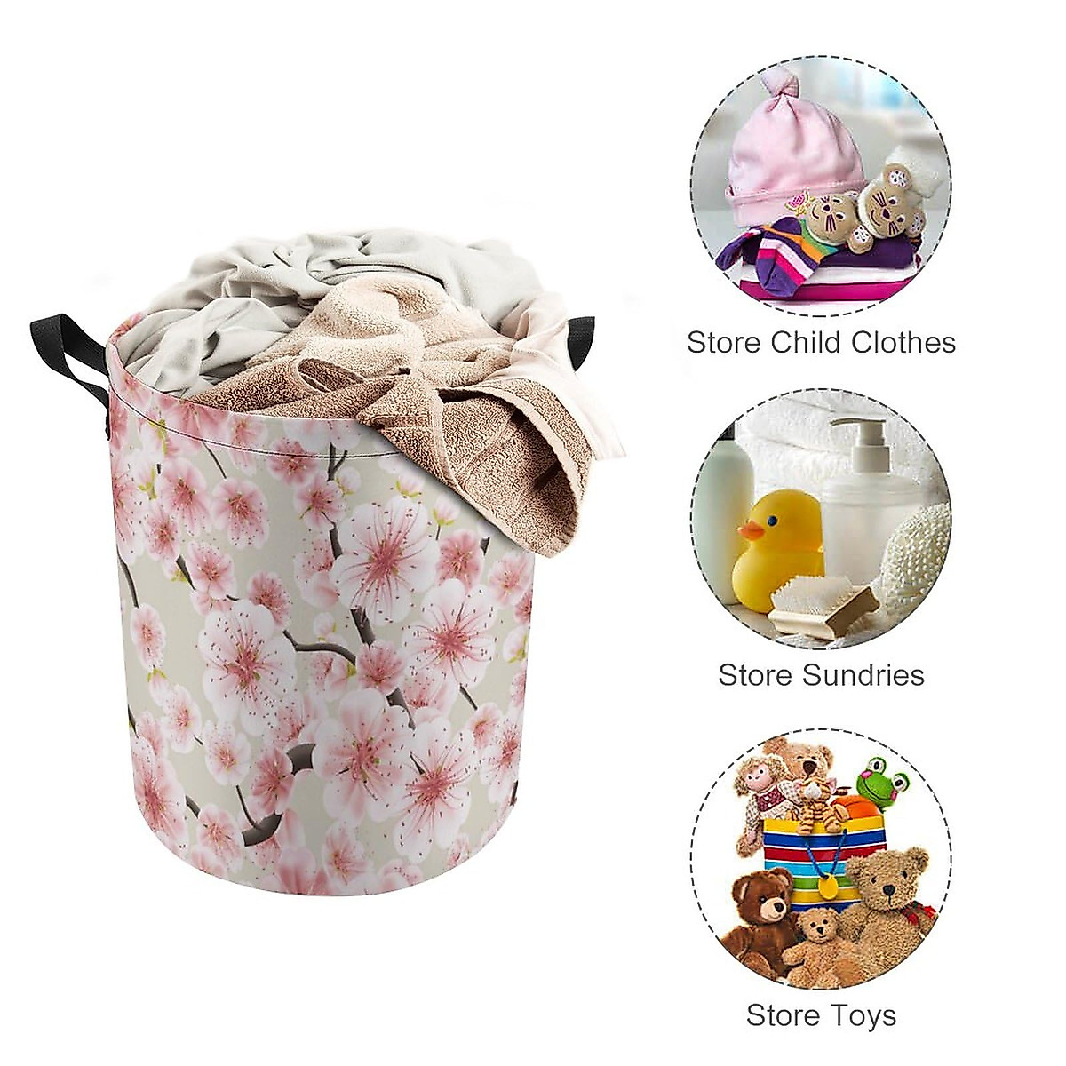 Seamless Japanese Pink White Cherry Blossom Flowers Drawstring Collapsible Waterproof Laundry Hamper, Oxford Cloth Washing Basket Bin Storage Bucket with Handles for Toys Clothes