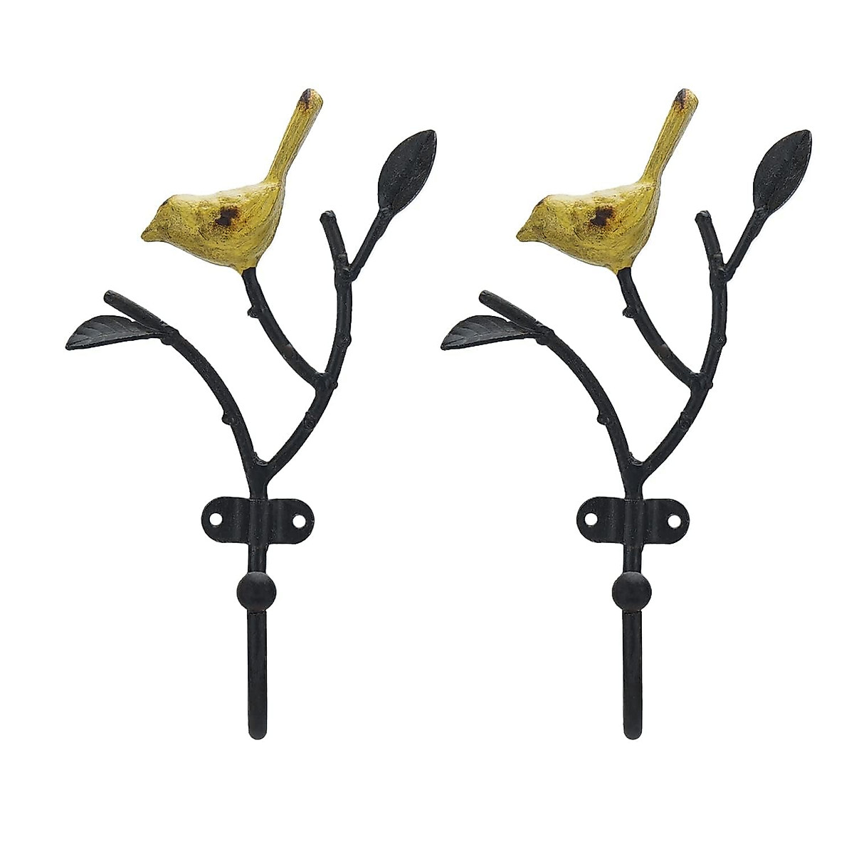 SOFFEE DESIGN 2pcs Vintage Coat Hooks Wall-Mounted Hanging Metal Rack, Heavy Duty Tree Branch with Birds Key Holder, Farmhouse Garden Style Hooks for Towels, Hats, Scarves Yellow