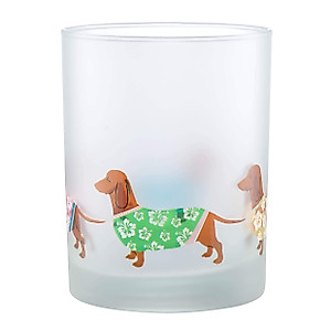Culver Tropical Decorated Frosted Double Old Fashioned Tumbler Glasses, 13.5-Ounce, Gift Boxed Set of 2 (Luau Dachshunds Dogs)