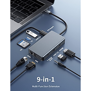 USB C Hub, 9-in-1 USB C Hub Multiport Adapter with USB 3.0, 4K HDMI, 100W PD Charging, SD/TF Card Reader, RJ45 Ethernet, VGA and Audio Jack, Hurple USB-C Hub for MacBook Pro iPad Pro and More