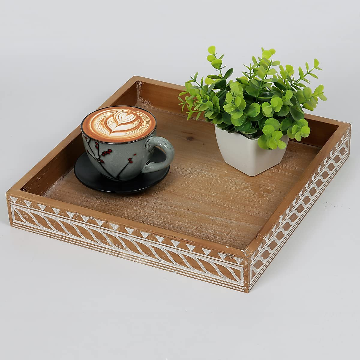 Thewense 12"x12" Farmhouse Decorative Ottoman Coffee Table Accent Tray，Perfect for Storage and Display, Small Square Wood Serving Tray for Office, Kitchen, Dining Room (Square Brown)
