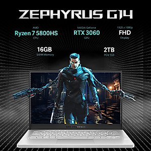 ASUS ROG Zephyrus Gaming Laptop, 14" FHD 144Hz Display, AMD Ryzen 7-5800HS, NVIDIA GeForce RTX 3060 6GB GDDR6, 16GB RAM, 2TB SSD, Backlit Keyboard, Win 11 Home, White, 128GB Hotface Extension Set