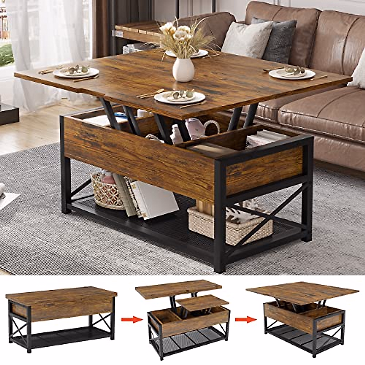 Itaar 43" Lift Top Coffee Table, 3 in 1 Multi-Function Coffee Table with Storage for Living Room, Small Coffee Table for Dining Reception Room, Rustic Brown.