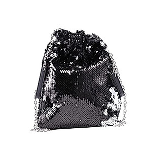 VALICLUD 2pcs Single Shoulder Evening Girls Fashion Handbag - Girl Sequined Bucket Tote Women Clutch Sequins Purse Glitter Sequences with for Draw Strap Chain Messenger Black Sequin Bag