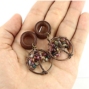 0G 8mm Multicolor Tourmaline Tree of Life Wood Dangle Ear Gauges Piercing Flesh Tunnels Plugs Stretching Kit Expander