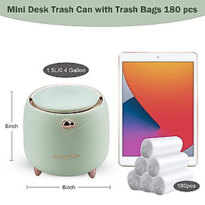 Cute Trash Can with Lid for Desk 0.4Gal/1.4L with Trash Bags180 Pcs Mini Garbage Can Decorative Wastebasket for Counter Top for Office Home (Green)