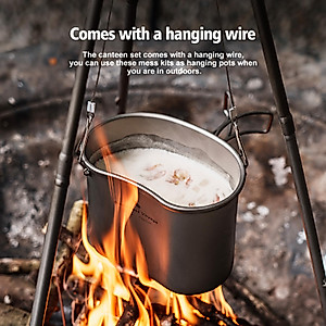 iBasingo 300ML & 600ML Titanium Cup Set Canteen Mess Kit with Folding Handle Hanging Ring Ultralight Portable Cookware for 1 Person Outdoor Camping Backpacking Hiking Small Lunch Box Ti2046C